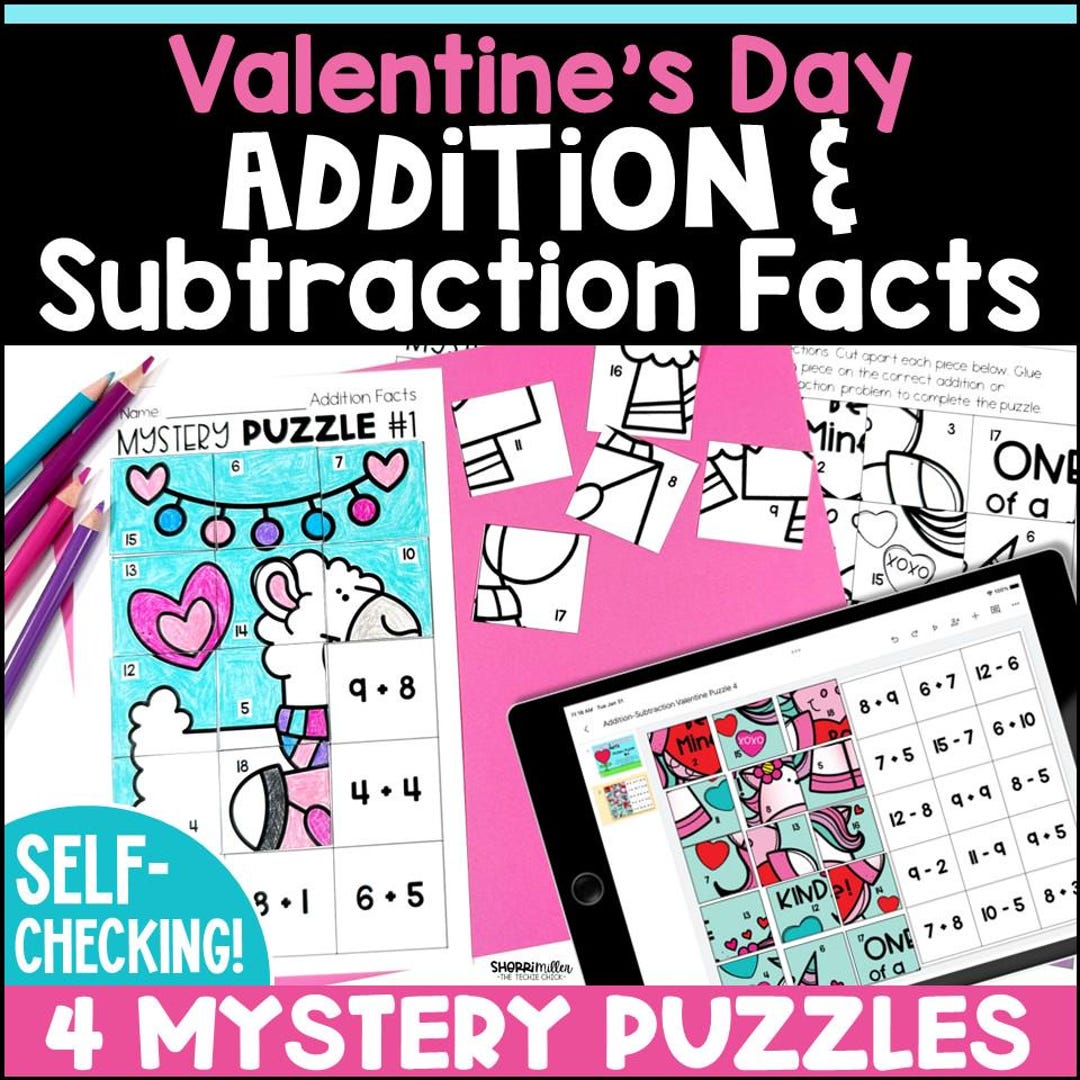 Valentine's Day Addition and Subtraction Facts Mystery Picture Puzzles ...