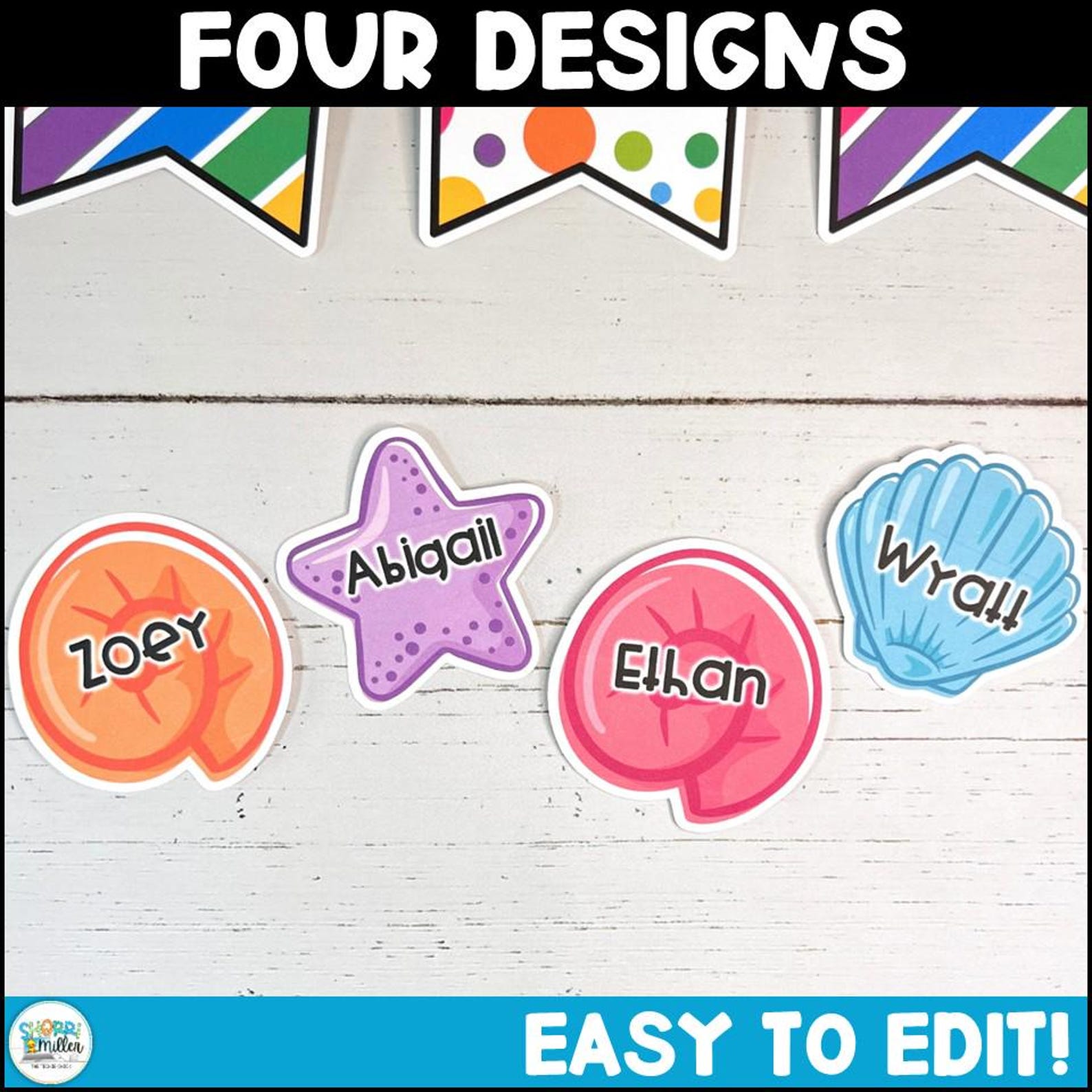 Summer Beach Seashells Editable Name Tags for Bulletin Board, Student ...
