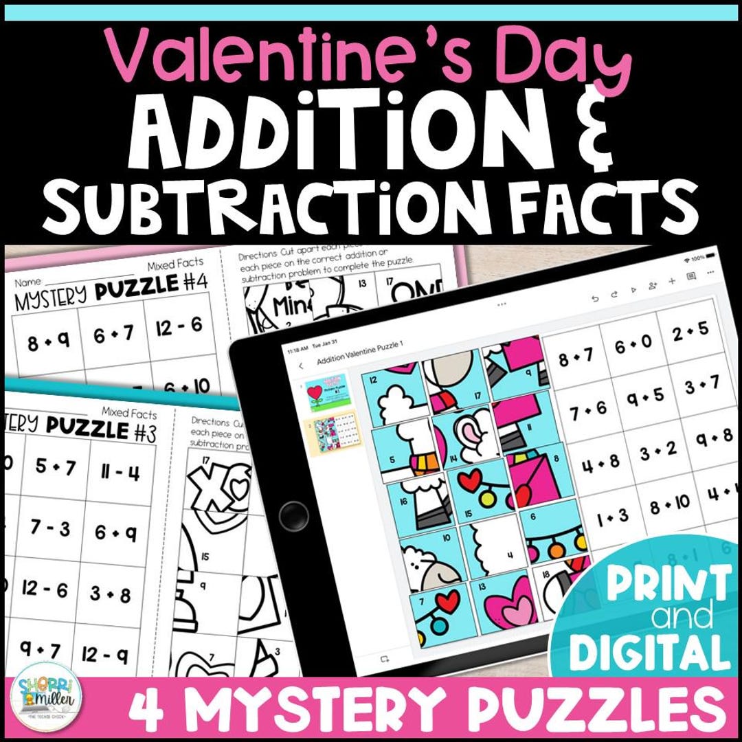 Valentine's Day Addition and Subtraction Facts Mystery Picture Puzzles ...