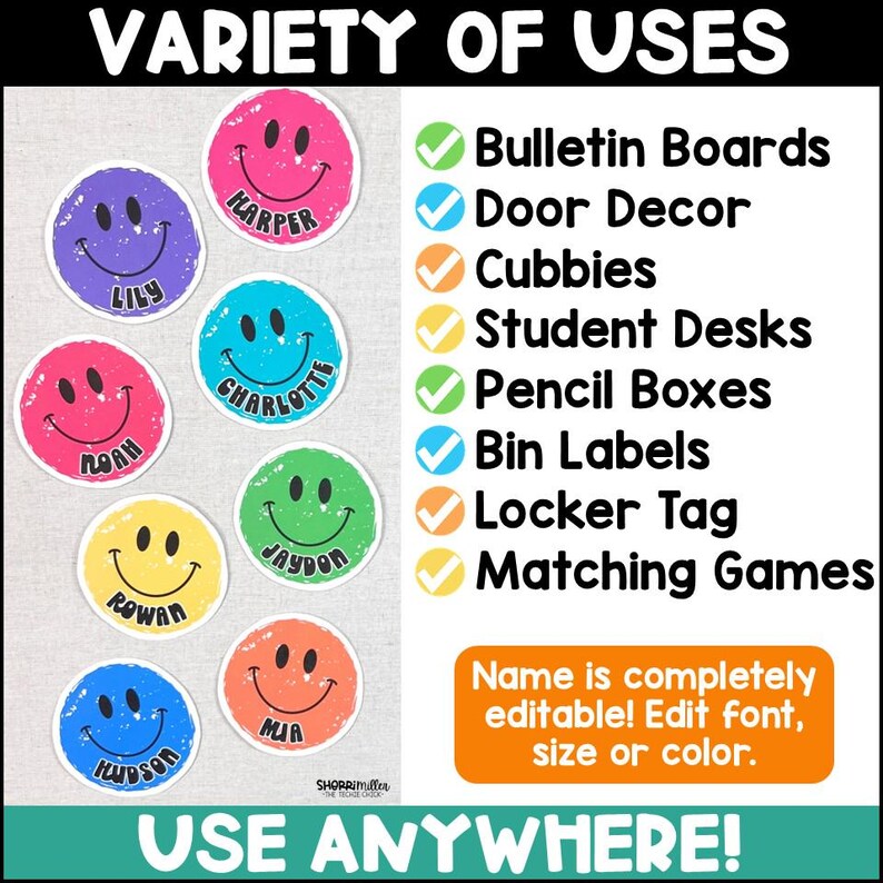 Editable Bright Crayon Smiley Face Name Tags for Back to School Retro ...