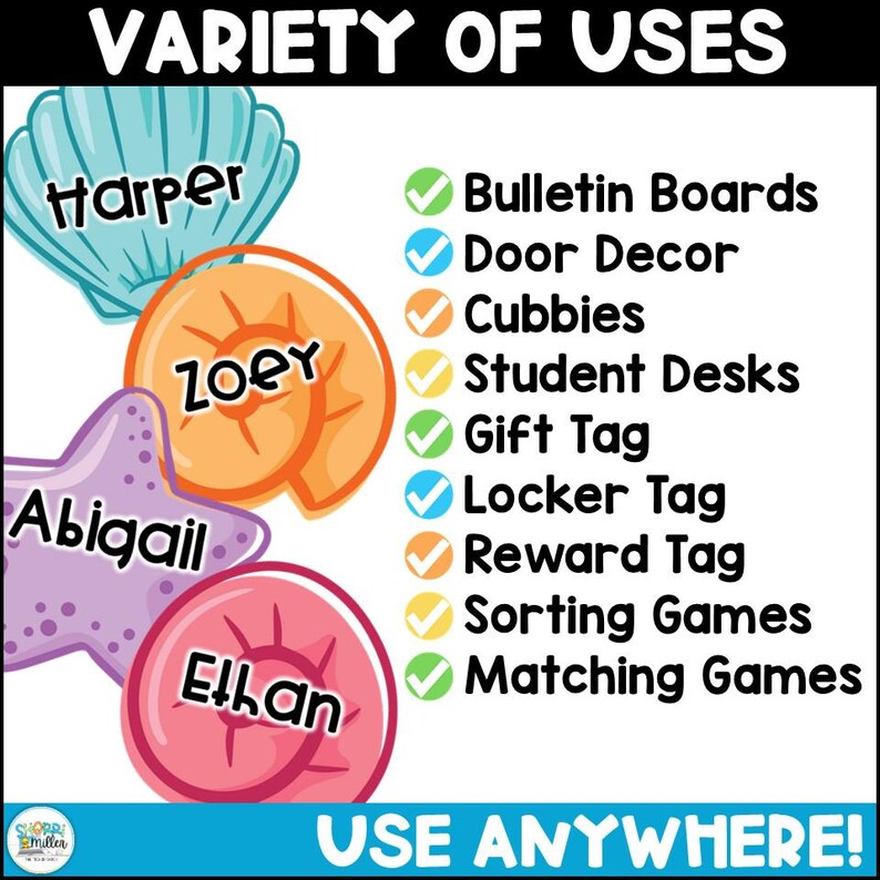 Summer Beach Seashells Editable Name Tags for Bulletin Board, Student ...