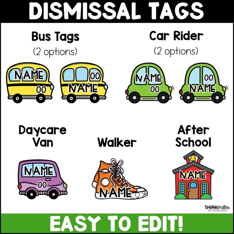 Editable Bus and Car Rider Transportation Name Tags for Back to School ...