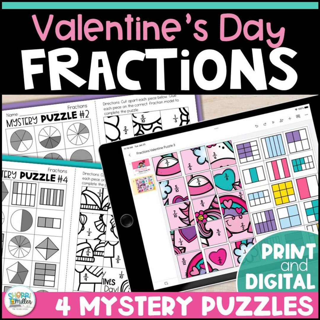 Valentine's Day Fractions Mystery Picture Puzzles 2nd and 3rd Grade ...