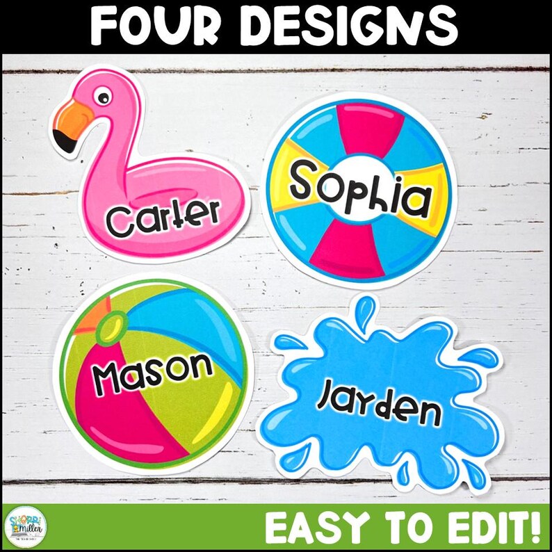 Summer Pool Editable Name Tags for Bulletin Board, Student Desk, Cubby ...