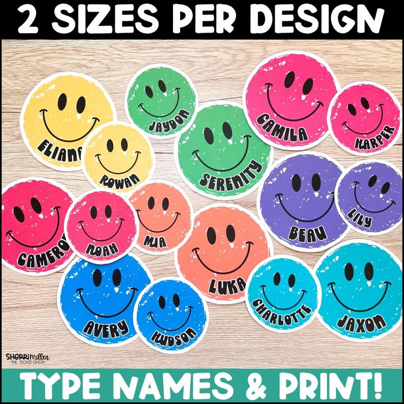 Editable Bright Crayon Smiley Face Name Tags for Back to School Retro ...