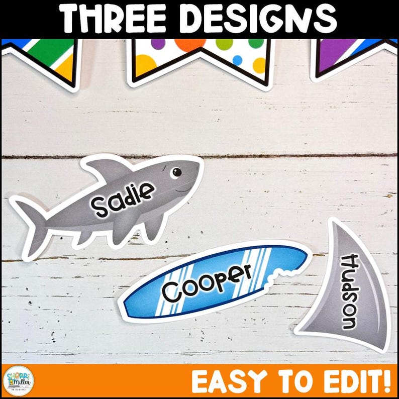 Summer Sharks Editable Name Tags for Bulletin Board, Student Desk ...