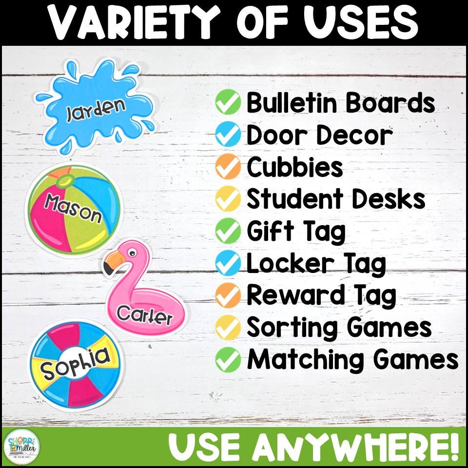 Summer Pool Editable Name Tags for Bulletin Board, Student Desk, Cubby ...