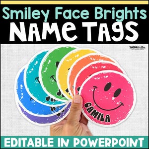 Editable Bright Crayon Smiley Face Name Tags for Back to School Retro ...