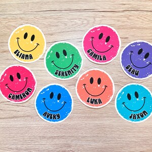 Editable Bright Crayon Smiley Face Name Tags for Back to School Retro ...