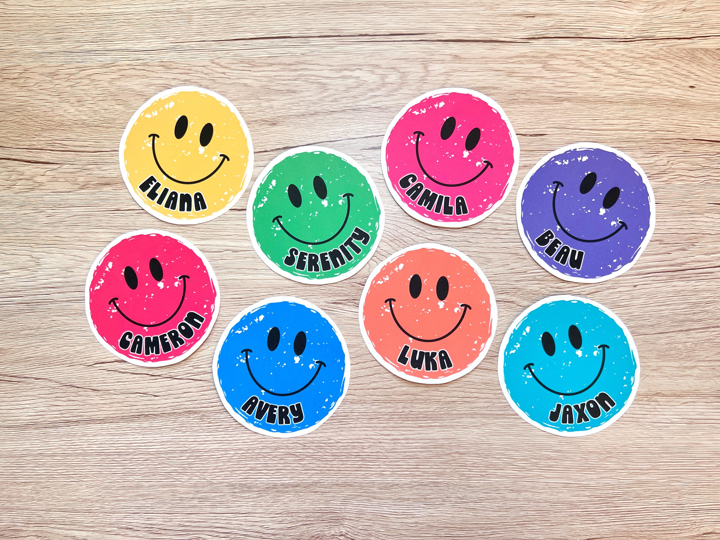 Editable Bright Crayon Smiley Face Name Tags for Back to School Retro ...