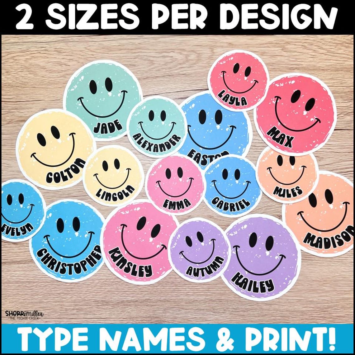 Editable Pastel Crayon Smiley Face Name Tags for Back to School Retro ...