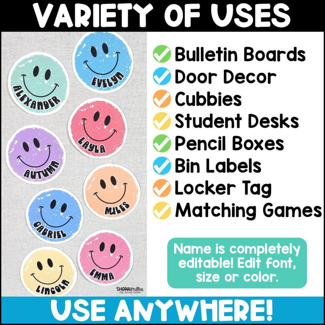 Editable Pastel Crayon Smiley Face Name Tags for Back to School Retro ...