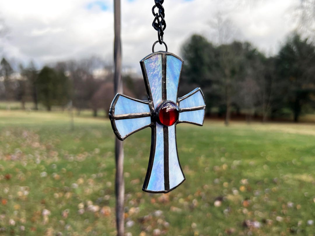 Iridescent Stained Glass Cross With Glass Gem - Etsy
