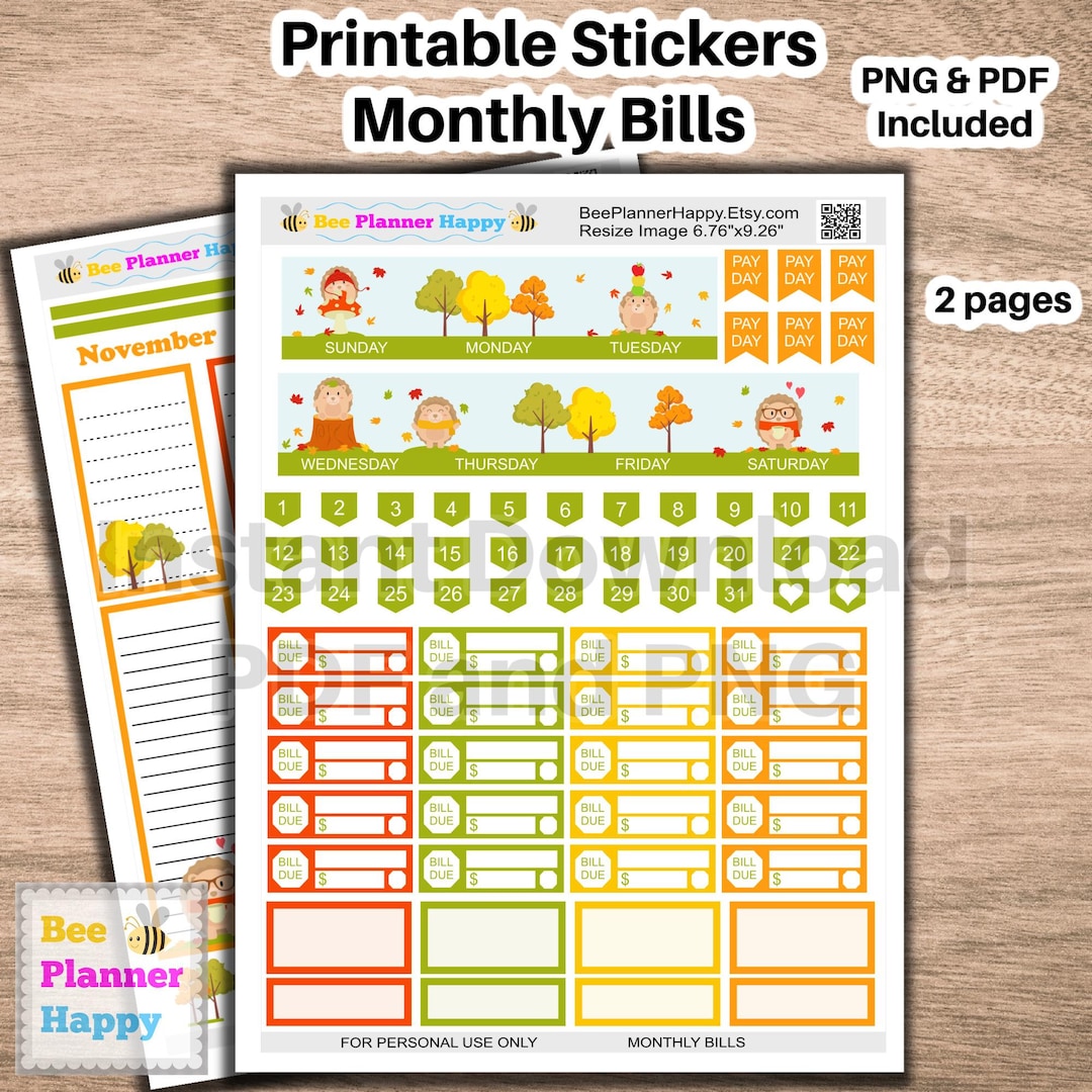 Printable Monthly Bills Stickers Set ~ Cute Fall Hedgehogs ~ November ...
