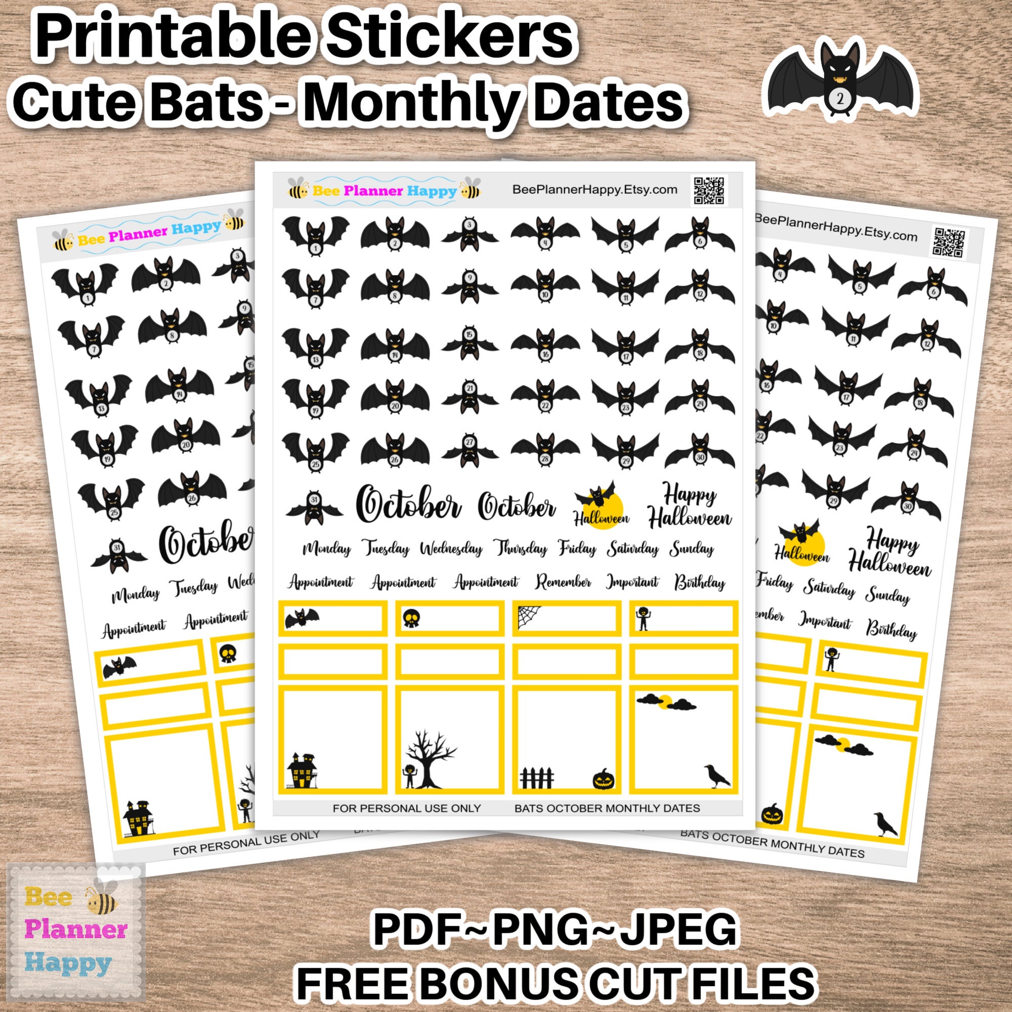 Printable Bat Date Cover Stickers for Redating Planners, Journals and ...