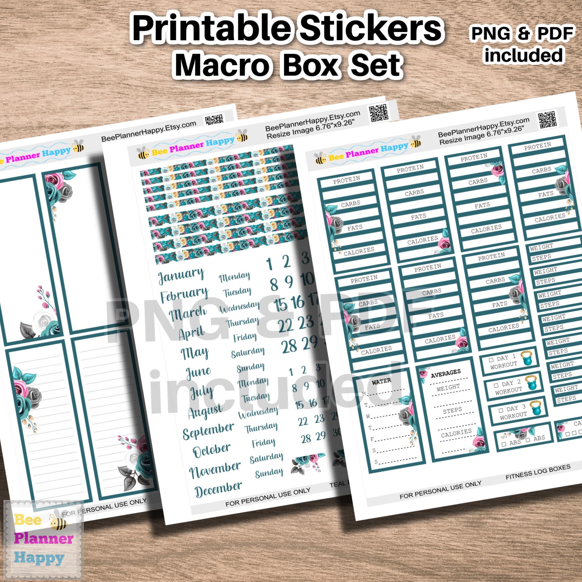 Printable Fitness Macro Box Stickers ~ Teal Florals Boxes Fit HP ...