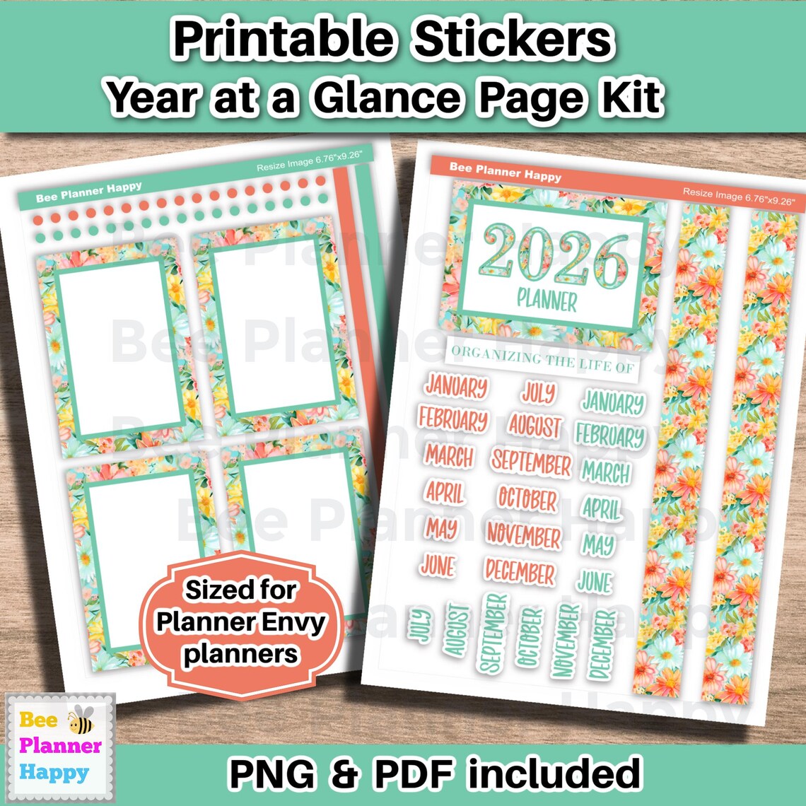 Printable Planner Envy Cover Page and Year at a Glance Sticker Kit ...