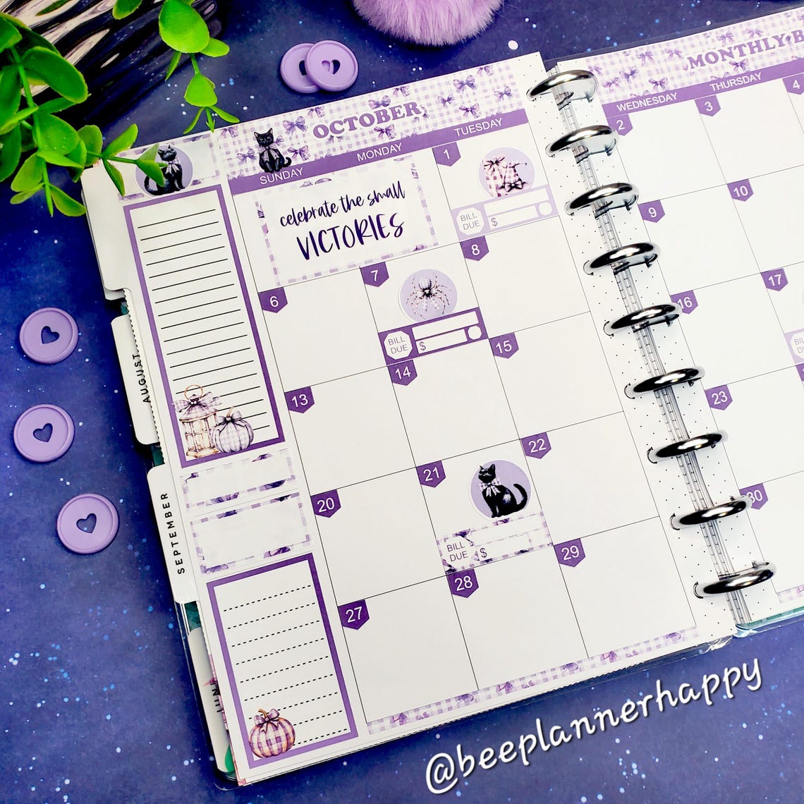 Printable Monthly Bills Stickers Set ~ Purple Gingham Black Cat October ...