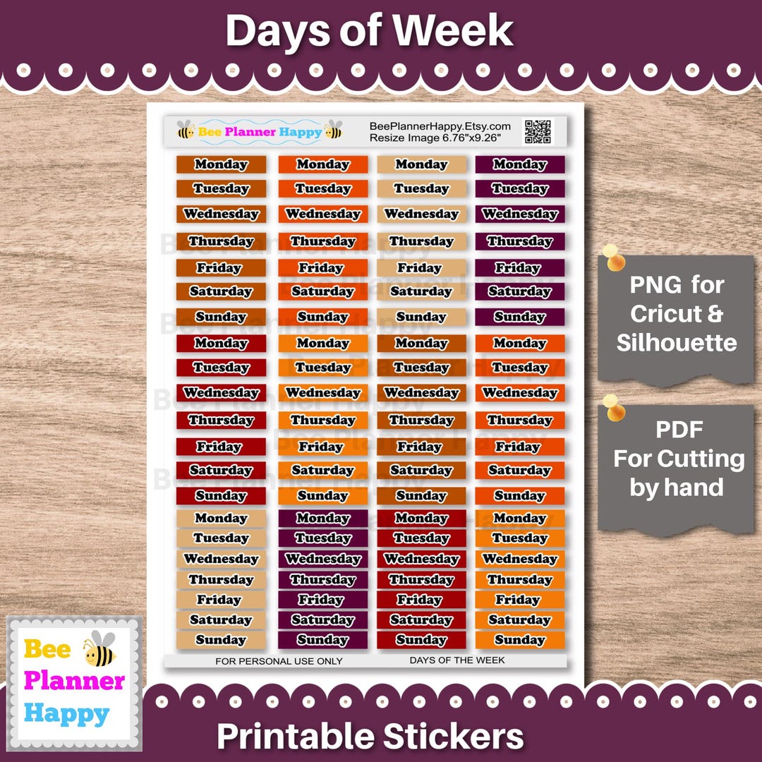 Printable Days of the Week Autumn Colors Planner Stickers for Classic ...