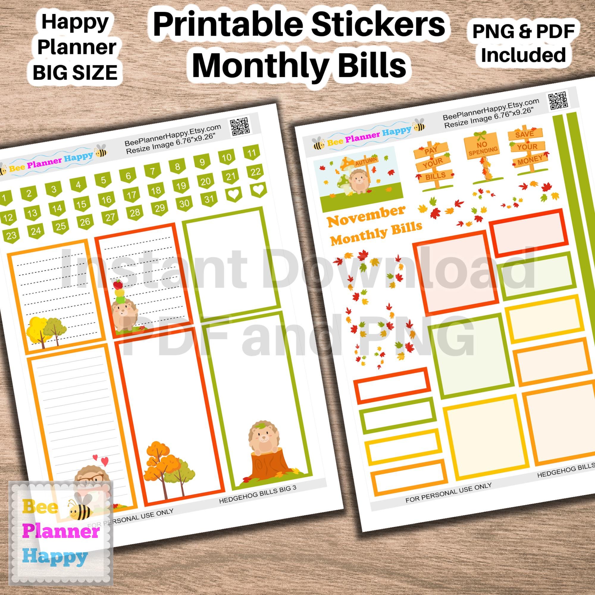 Printable Monthly Bills Stickers Set ~ Cute Fall Hedgehogs ~ November ...