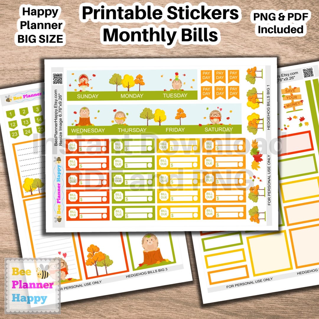 Printable Monthly Bills Stickers Set ~ Cute Fall Hedgehogs ~ November ...