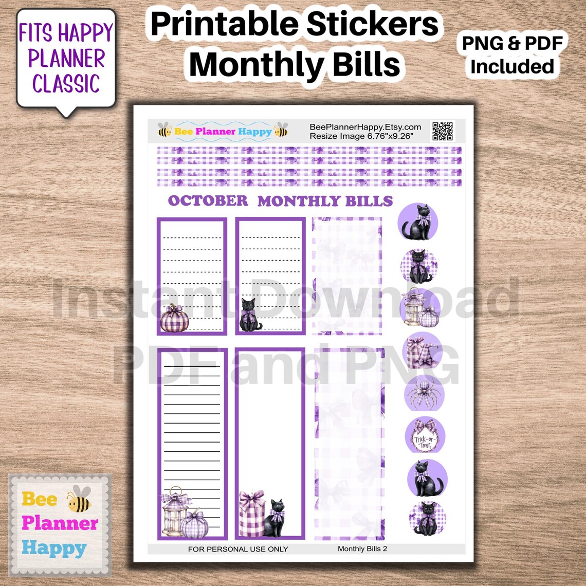 Printable Monthly Bills Stickers Set ~ Purple Gingham Black Cat October ...