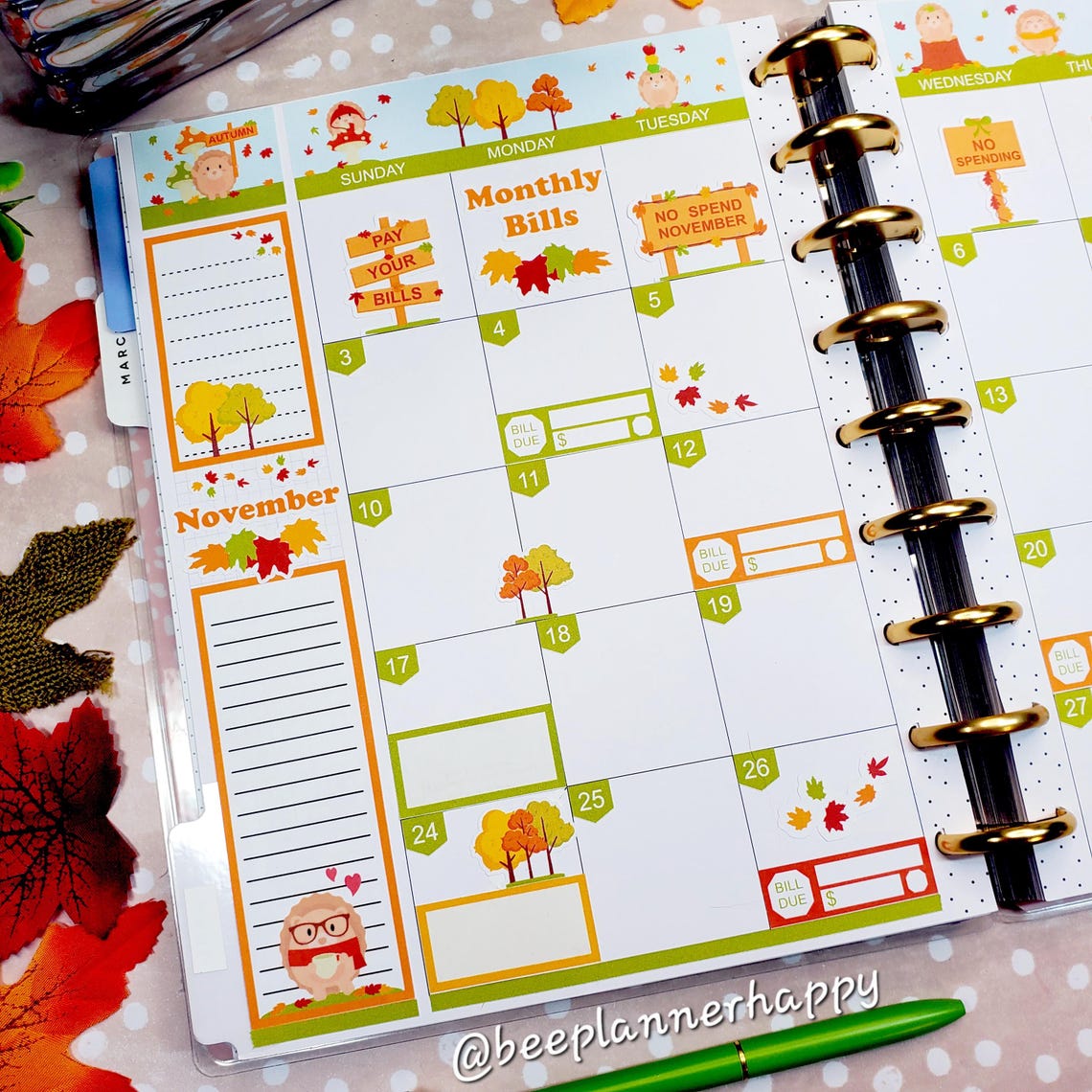 Printable Monthly Bills Stickers Set ~ Cute Fall Hedgehogs ~ November ...