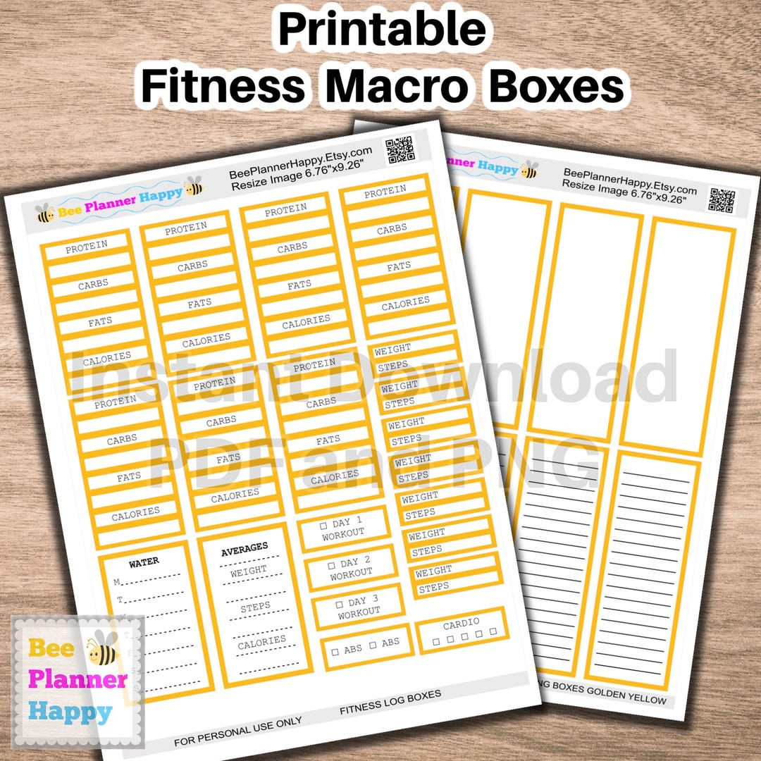 Printable Fitness Macro Box Stickers ~ Golden Yellow Color Boxes Fit HP ...