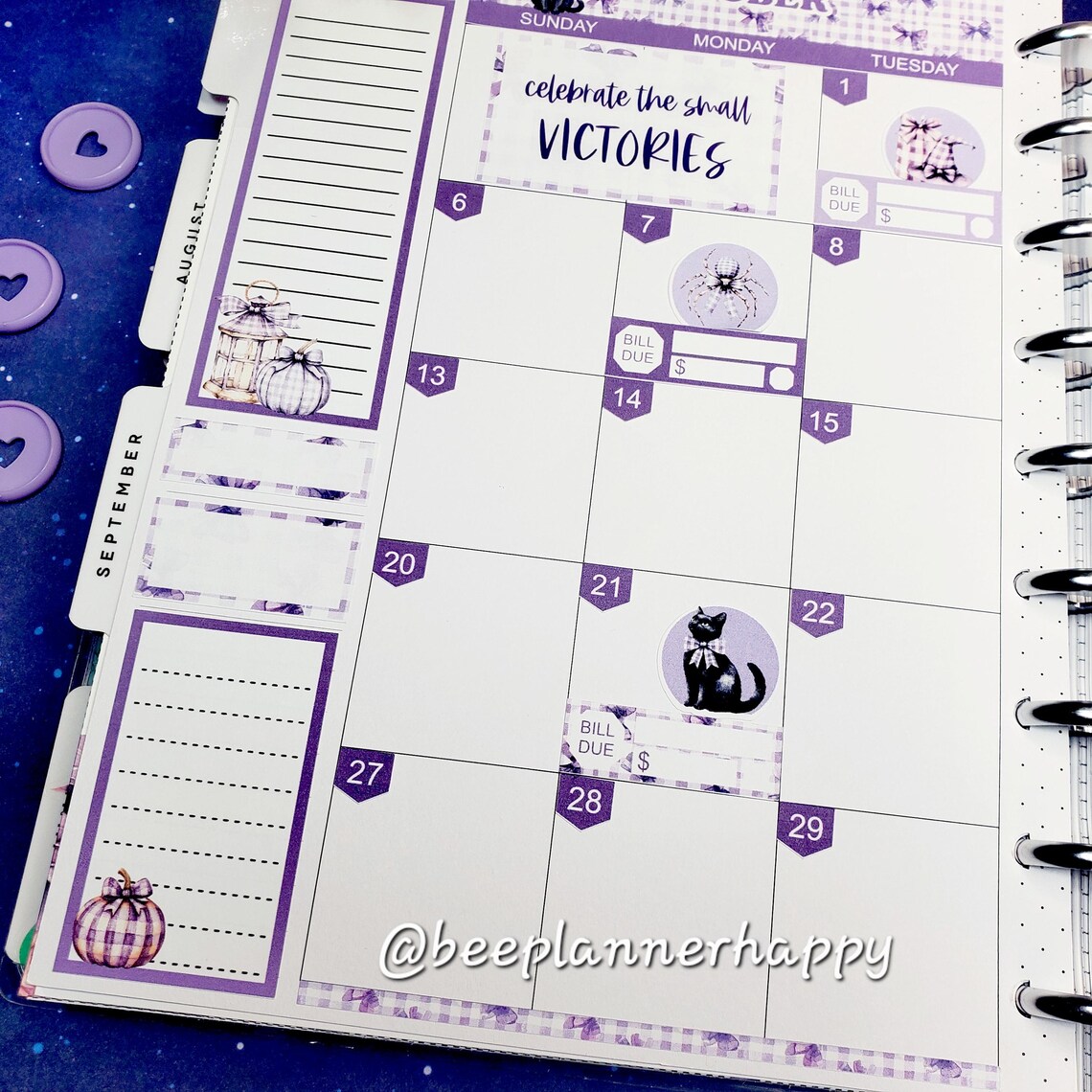 Printable Monthly Bills Stickers Set ~ Purple Gingham Black Cat October ...