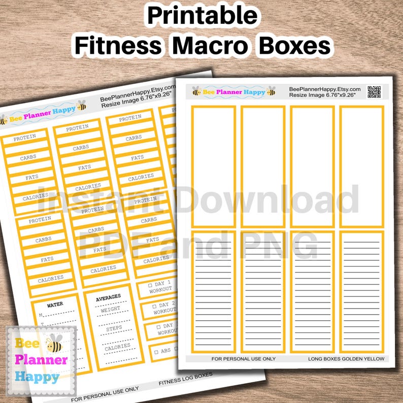 Printable Fitness Macro Box Stickers ~ Golden Yellow Color Boxes Fit HP ...