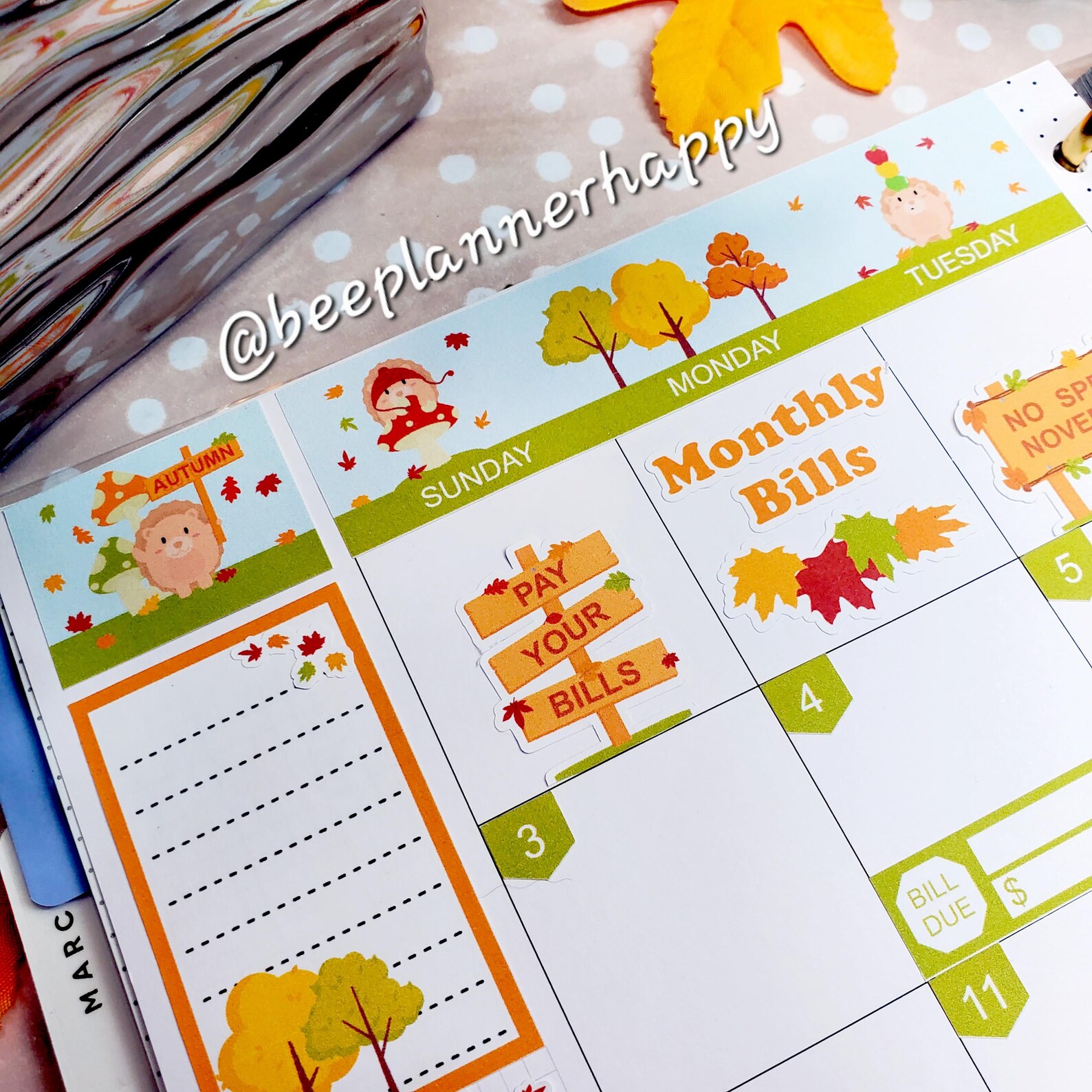 Printable Monthly Bills Stickers Set ~ Cute Fall Hedgehogs ~ November ...