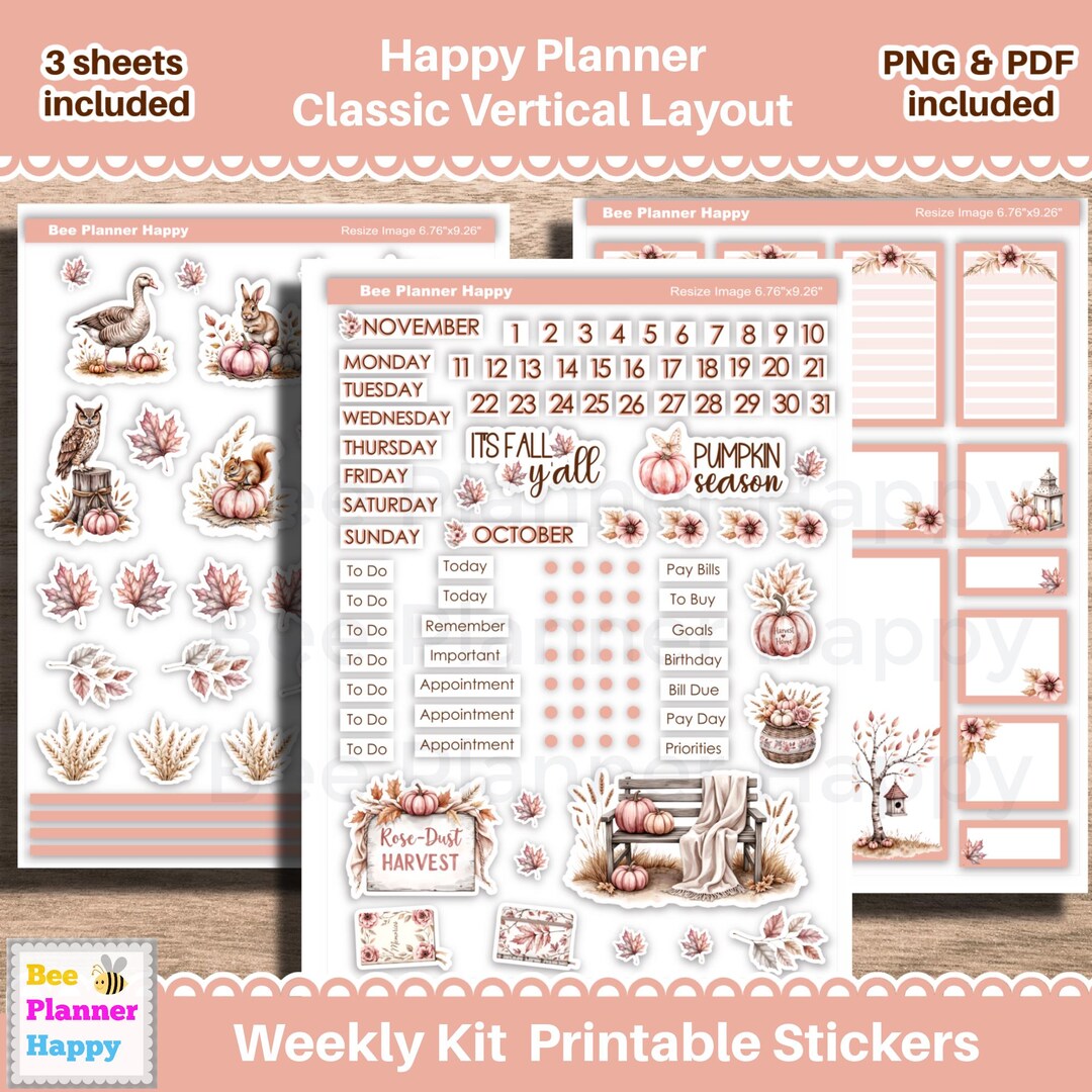 Printable Fall Pumpkins and Woodland Animals HP Classic Vertical Weekly ...