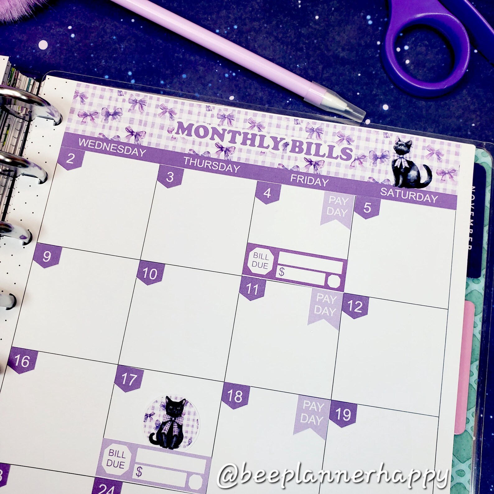 Printable Monthly Bills Stickers Set ~ Purple Gingham Black Cat October ...