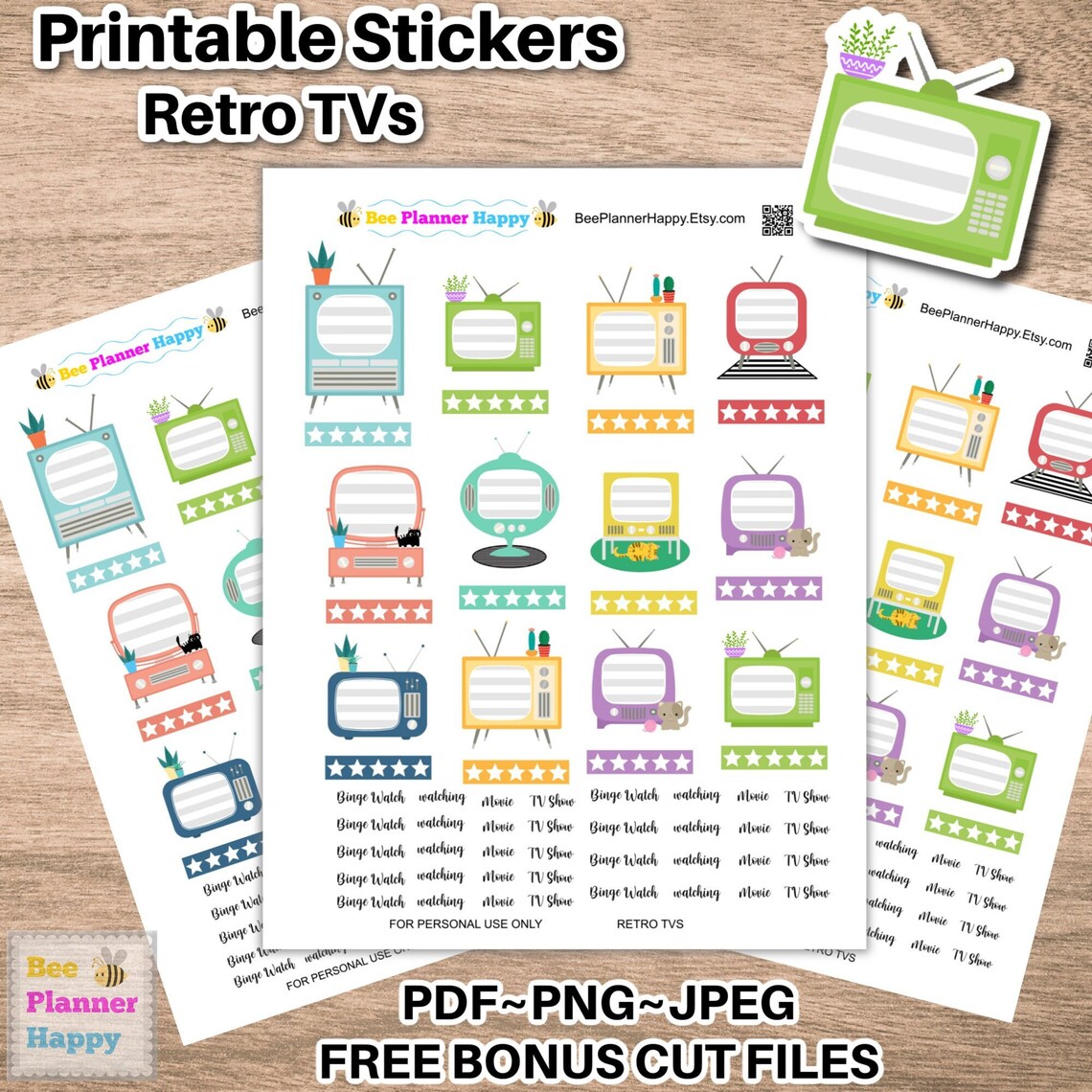 Printable Retro TV Stickers for Planners, Journals, TV and Movie ...