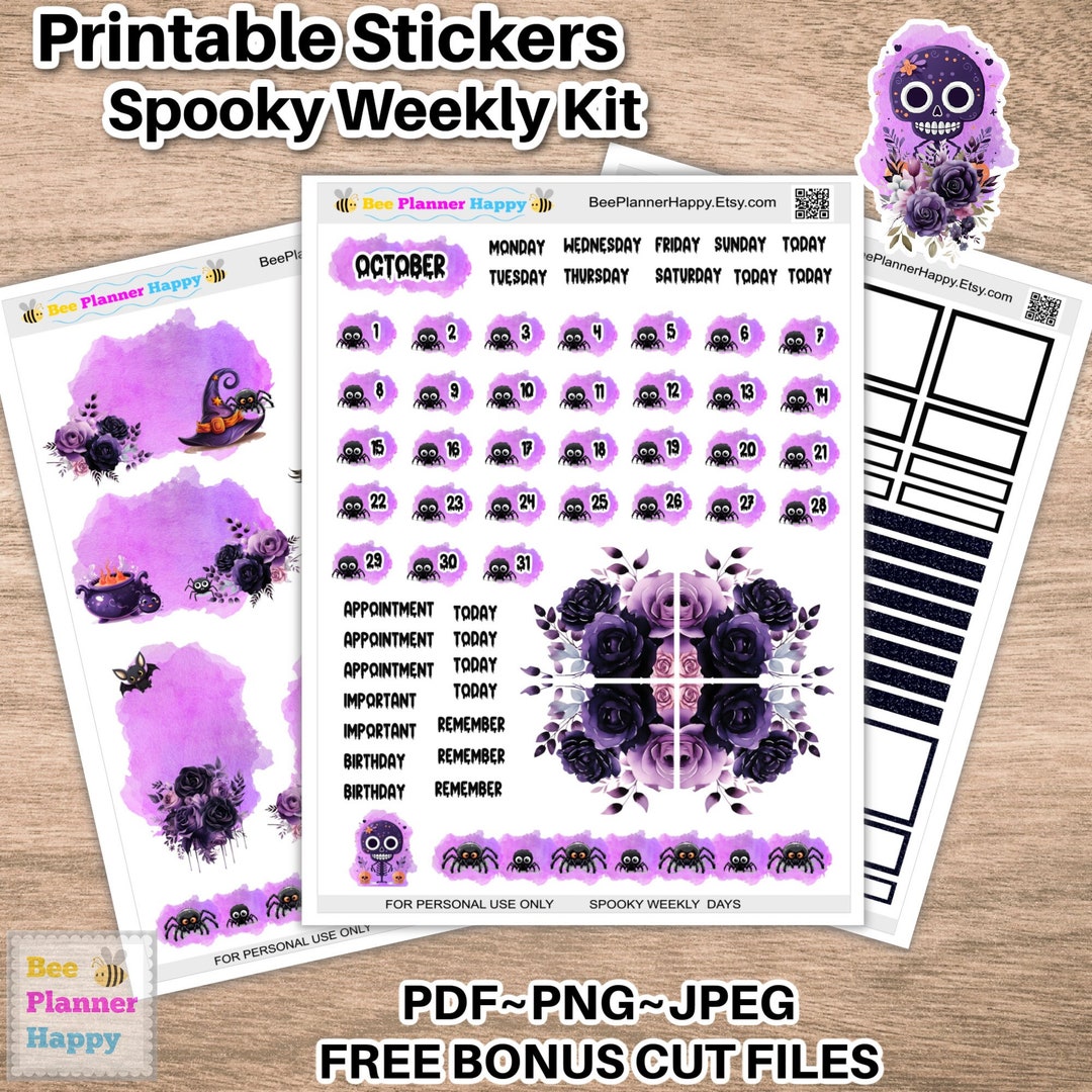 Cute Spiders and Black Cat Stickers for Halloween October Planners ...
