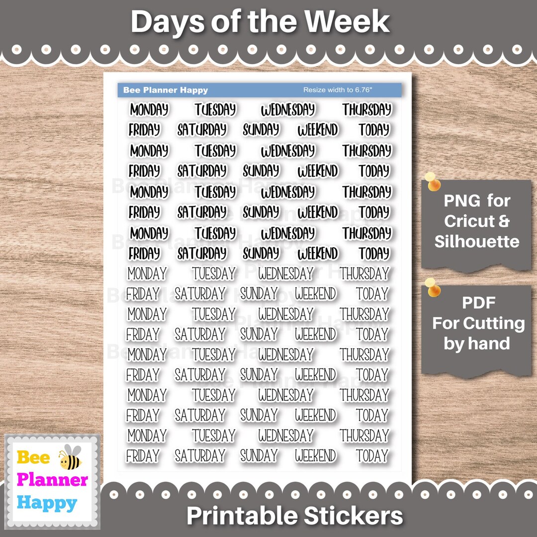 Printable Days of the Week Planner and Journal Stickers, Black Print ...