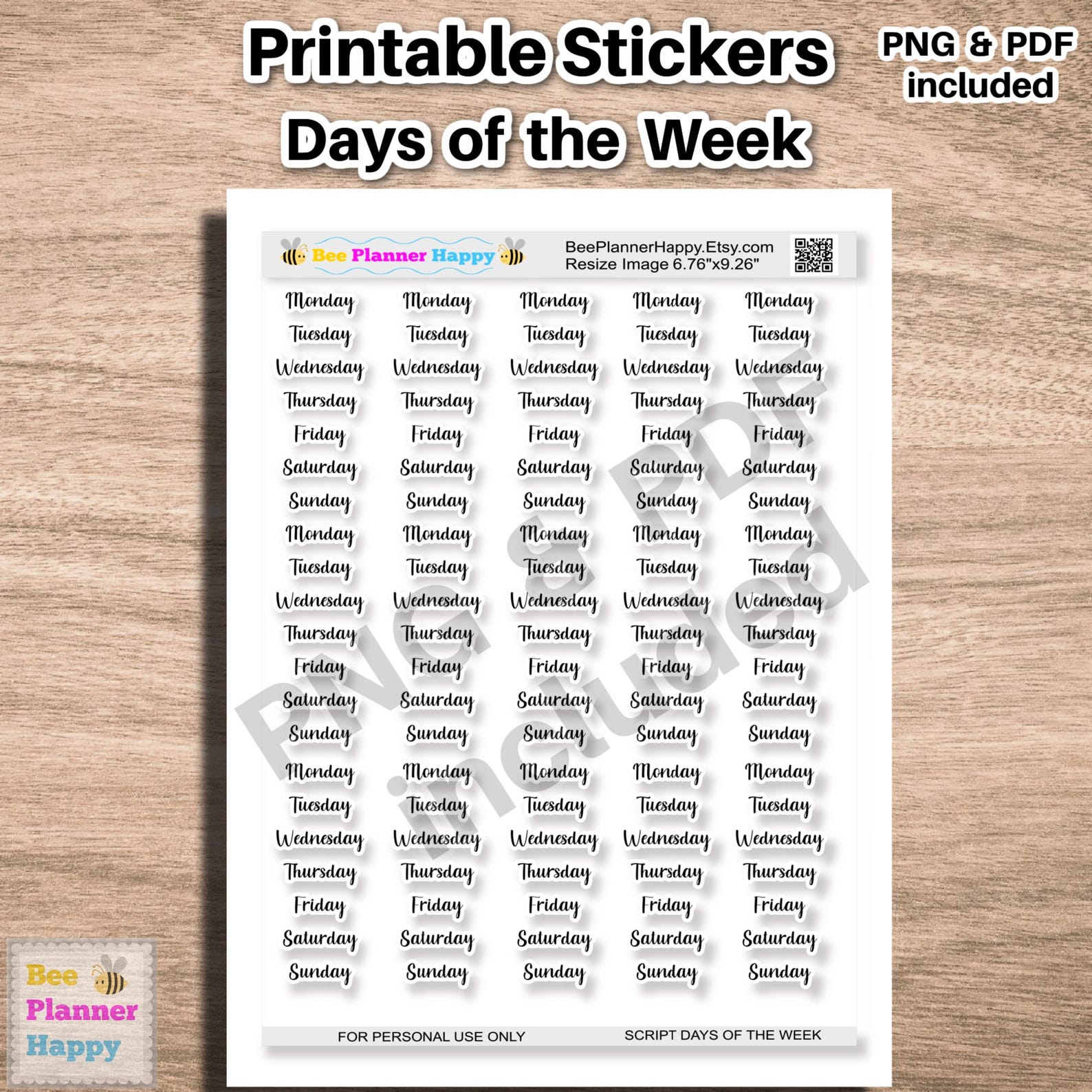 Printable Days of the Week ~ Script Font in Black ~ Fit HP Classic ...
