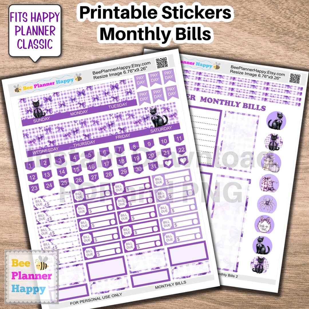 Printable Monthly Bills Stickers Set ~ Purple Gingham Black Cat October ...