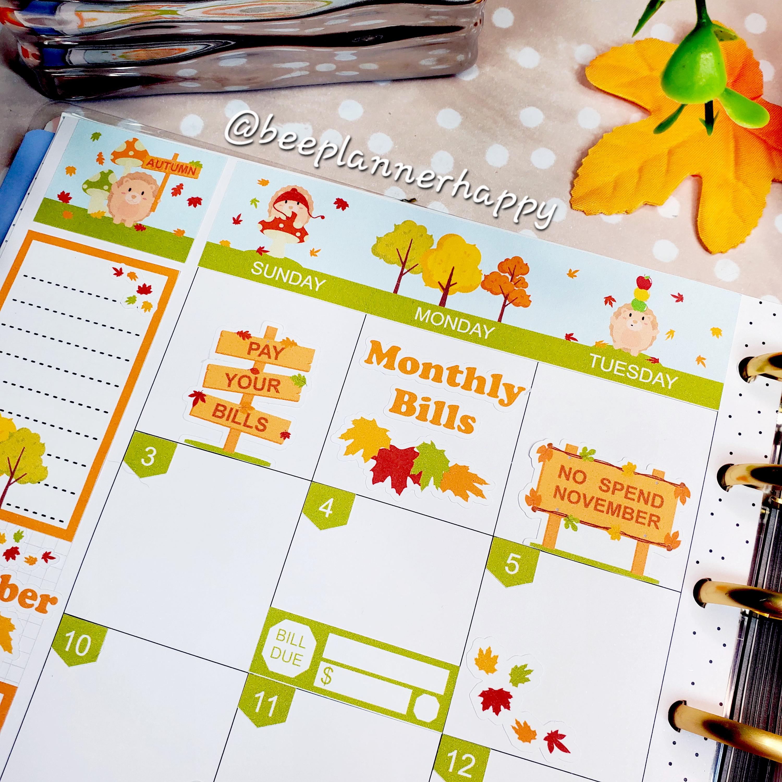 Printable Monthly Bills Stickers Set ~ Cute Fall Hedgehogs ~ November ...