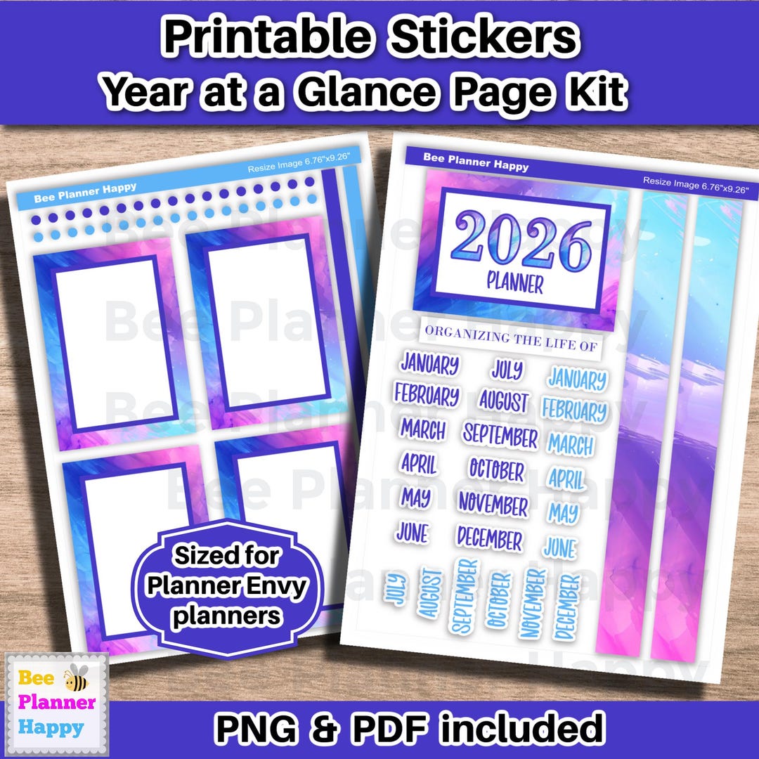 Printable Planner Envy Cover Page and Year at a Glance Sticker Kit ...