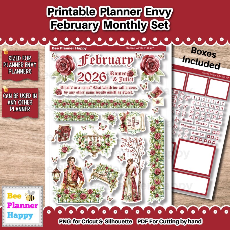 Printable Planner Envy February Monthly Set | Romeo and Juliet Theme - Etsy