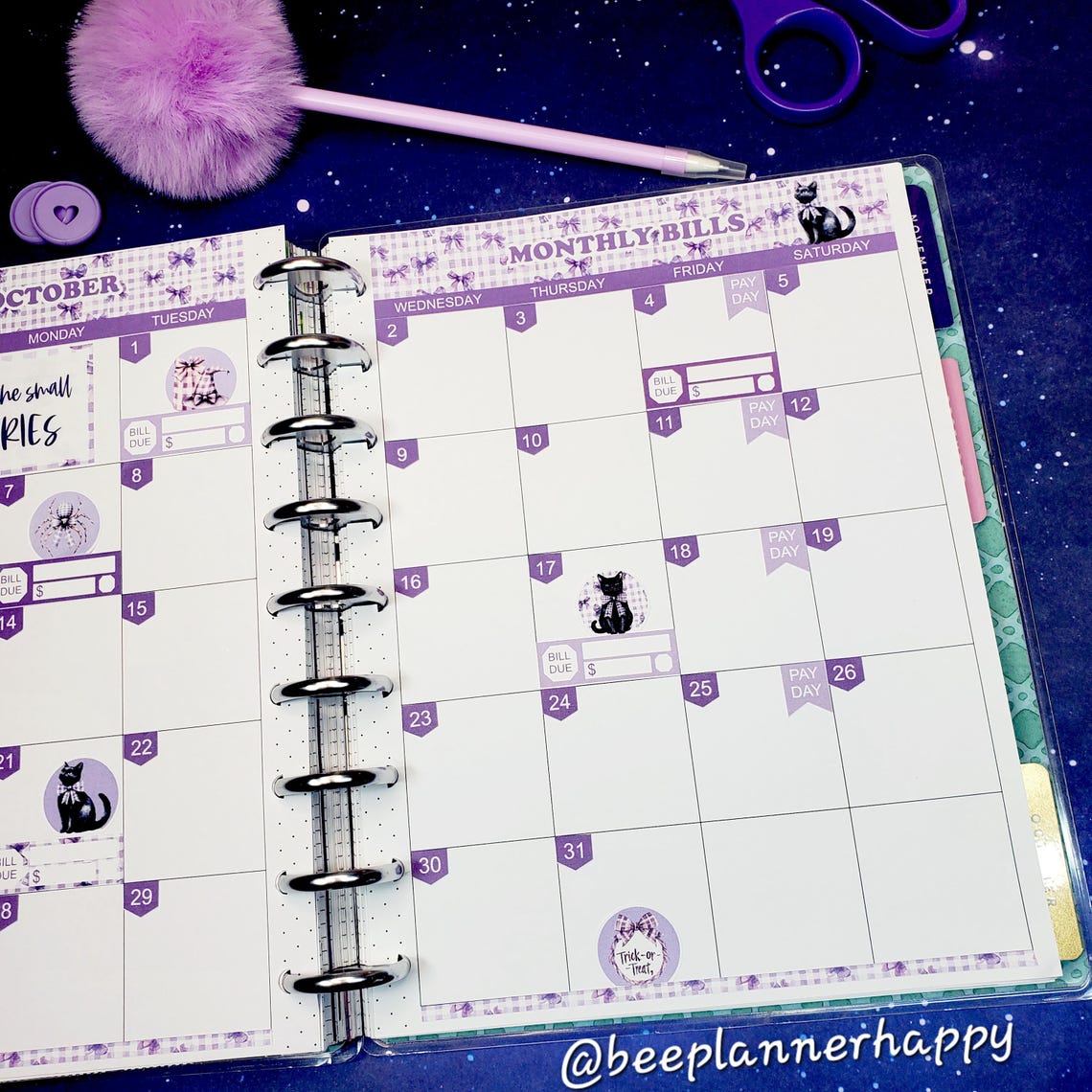 Printable Monthly Bills Stickers Set ~ Purple Gingham Black Cat October ...