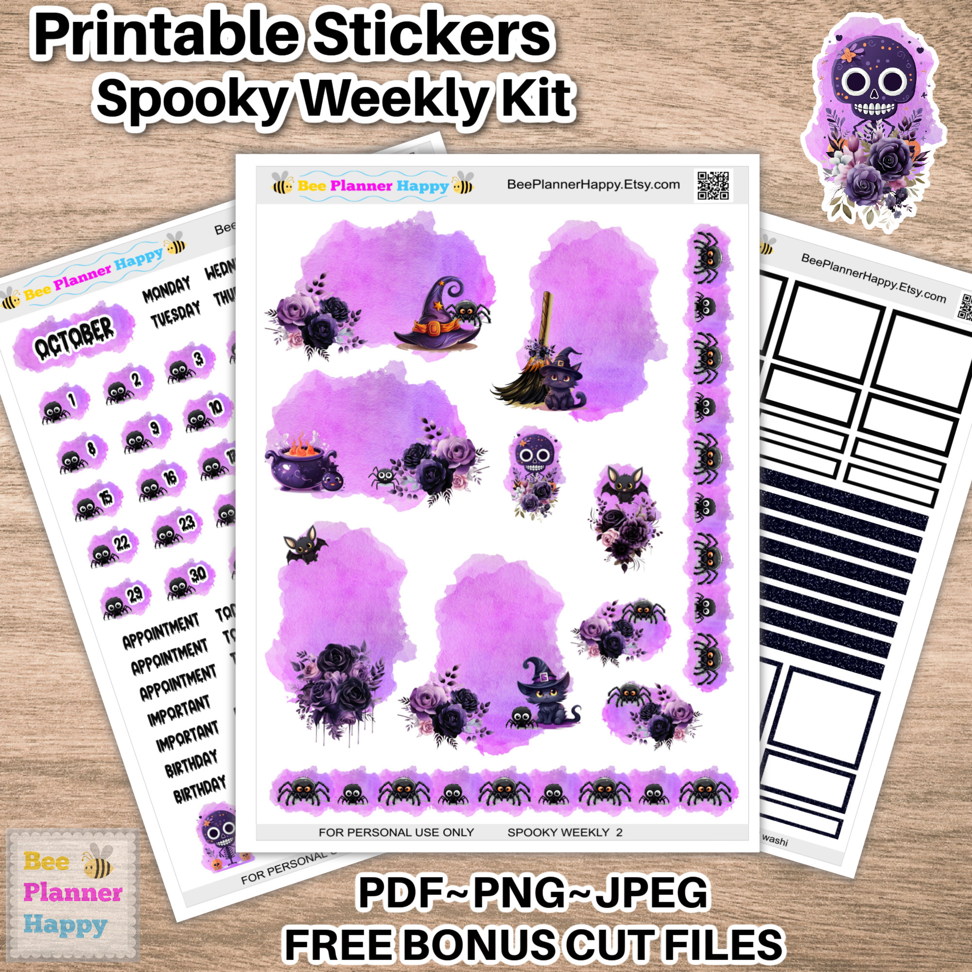 Cute Spiders and Black Cat Stickers for Halloween October - Etsy