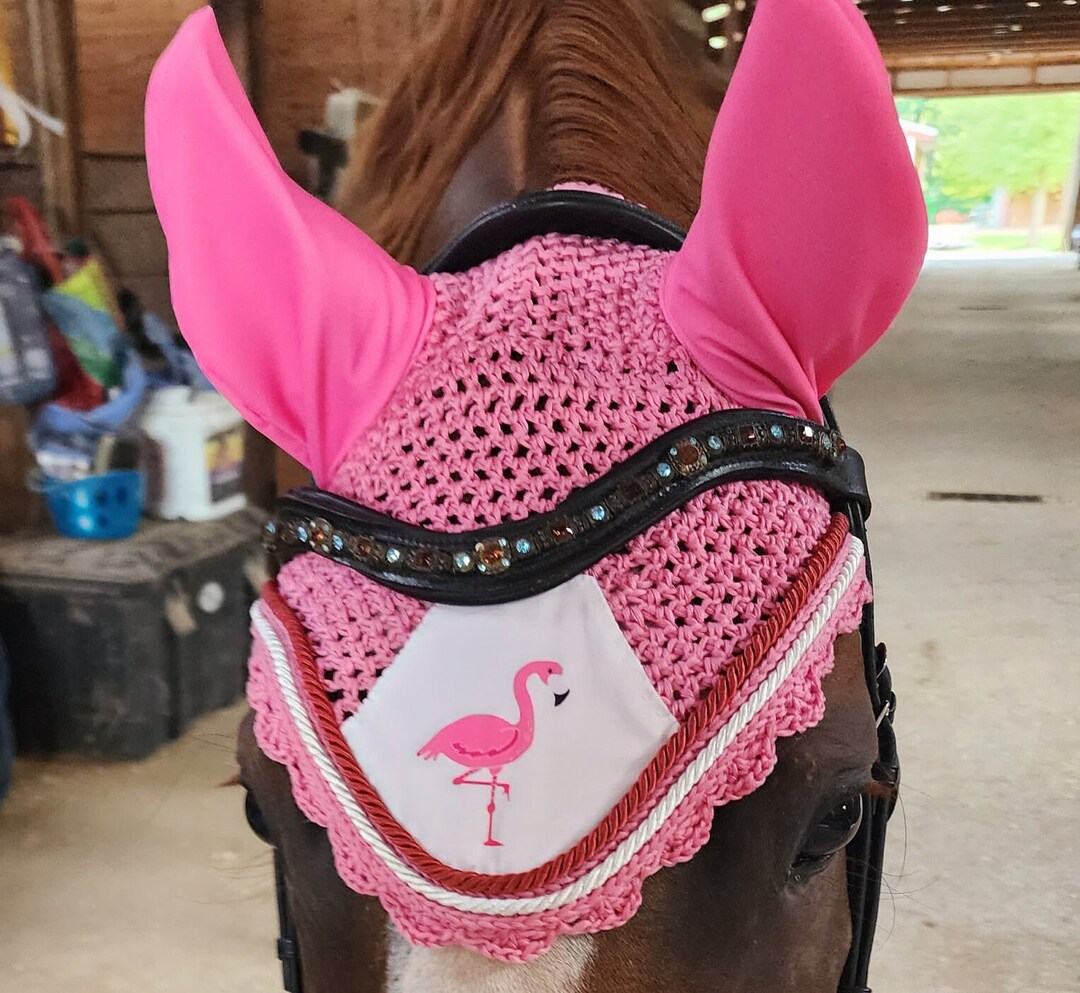 Pink Flamingo Ear Bonnet / Fly Bonnet / Horse Bonnet / Fly Net, Horse ...