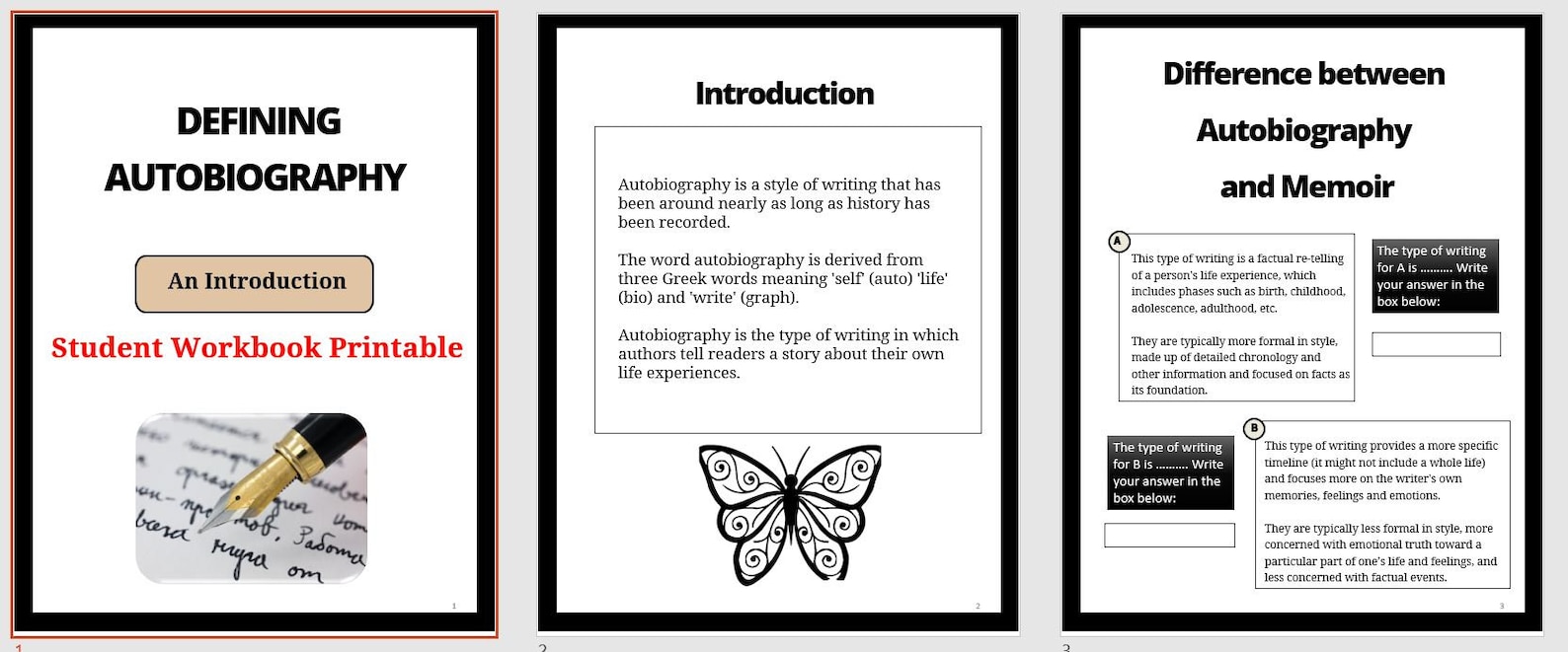 Autobiography Memoir Introduction Workbook for Students - Digital and ...