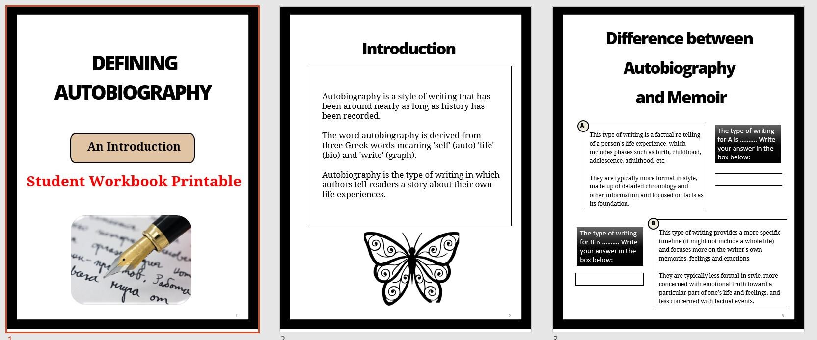 Autobiography Memoir Introduction Workbook for Students - Digital and ...