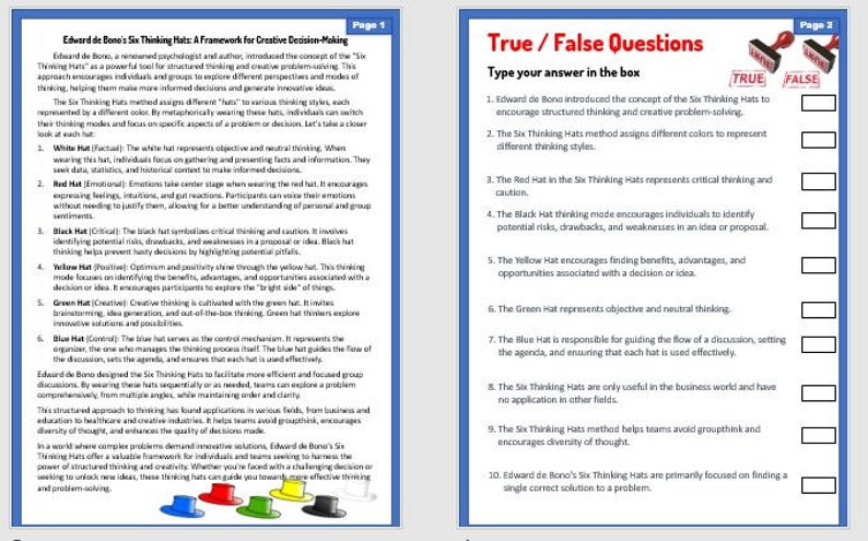 Six Thinking Hats Edward De Bono Reading Passage and Comprehension ...