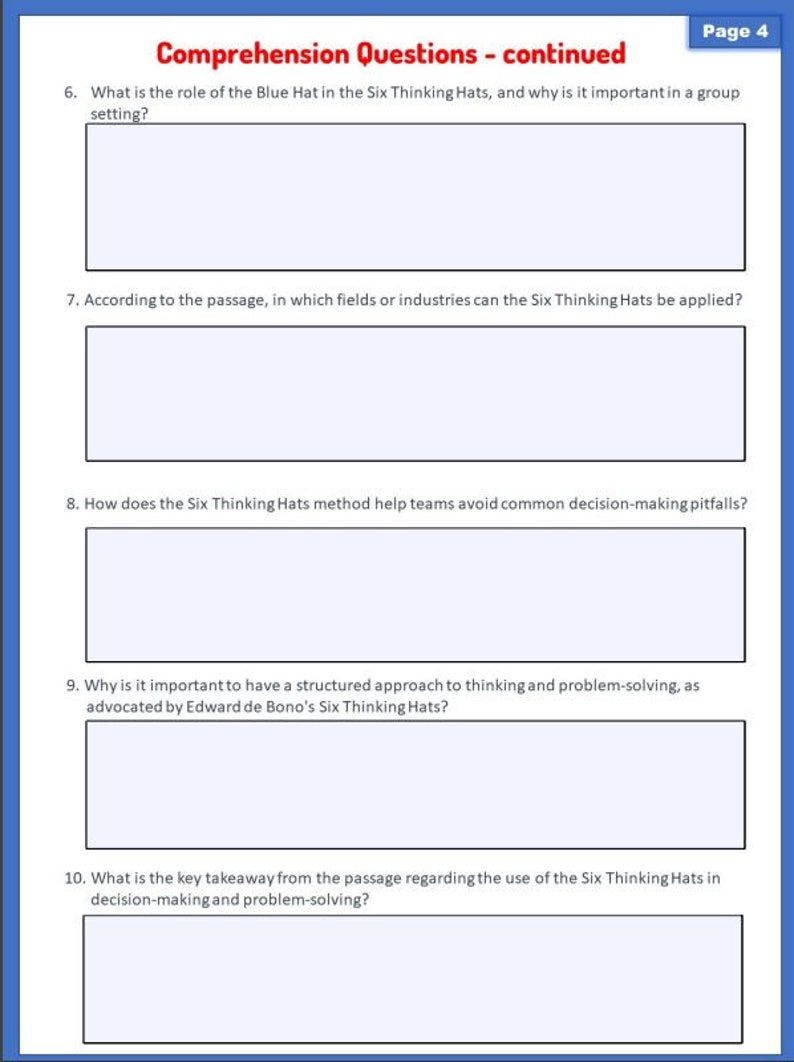 Six Thinking Hats Edward De Bono Reading Passage and Comprehension ...
