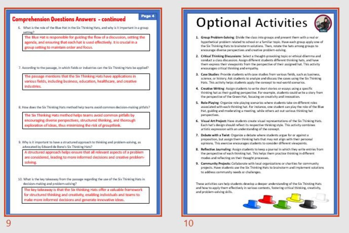 Six Thinking Hats Edward De Bono Reading Passage and Comprehension ...
