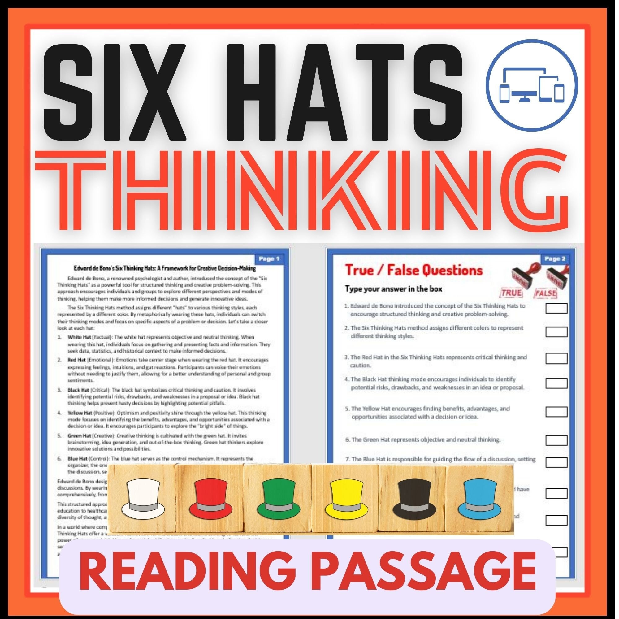 Six Thinking Hats Edward De Bono Reading Passage and Comprehension ...